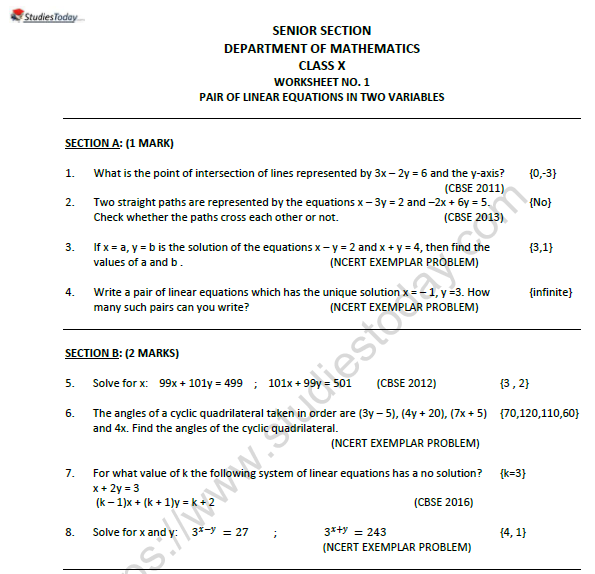 CBSE Class 10 Mathematics Pair Of Linear Equation In Two Variables